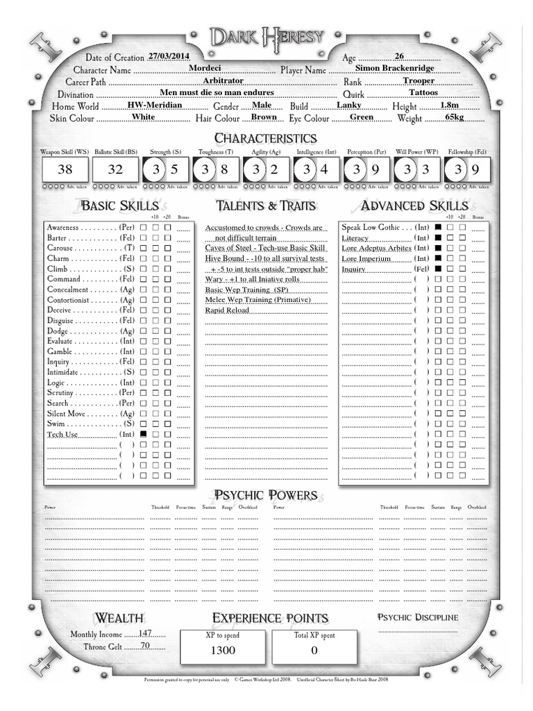 Dark Heresy (1st Ed) Character Sheet (Fillable) | PDF | Leisure