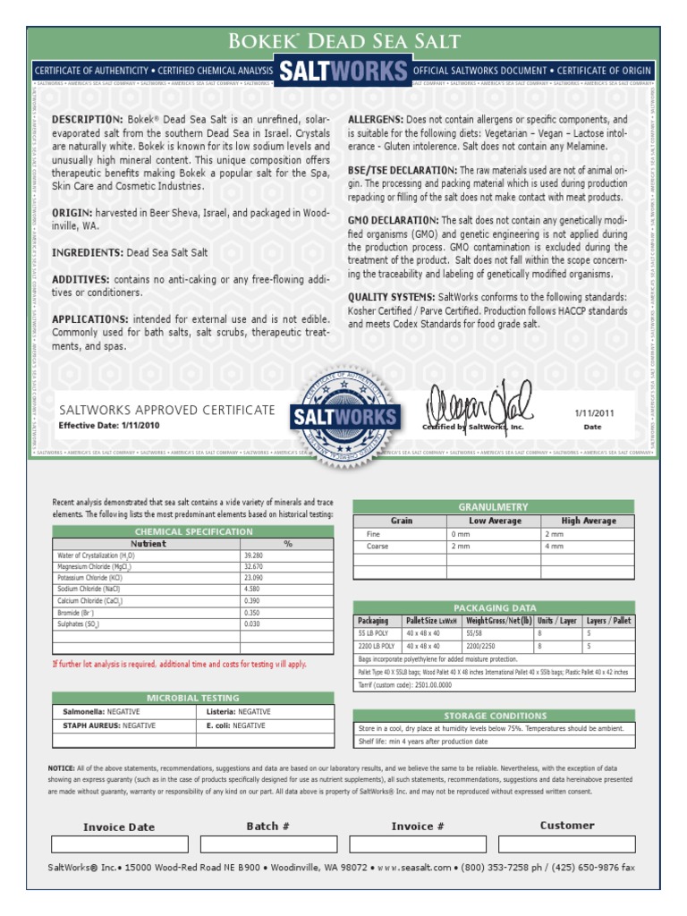 Dead Sea Salt - Bokek COA NOV11 | PDF | Sodium Chloride | Chloride