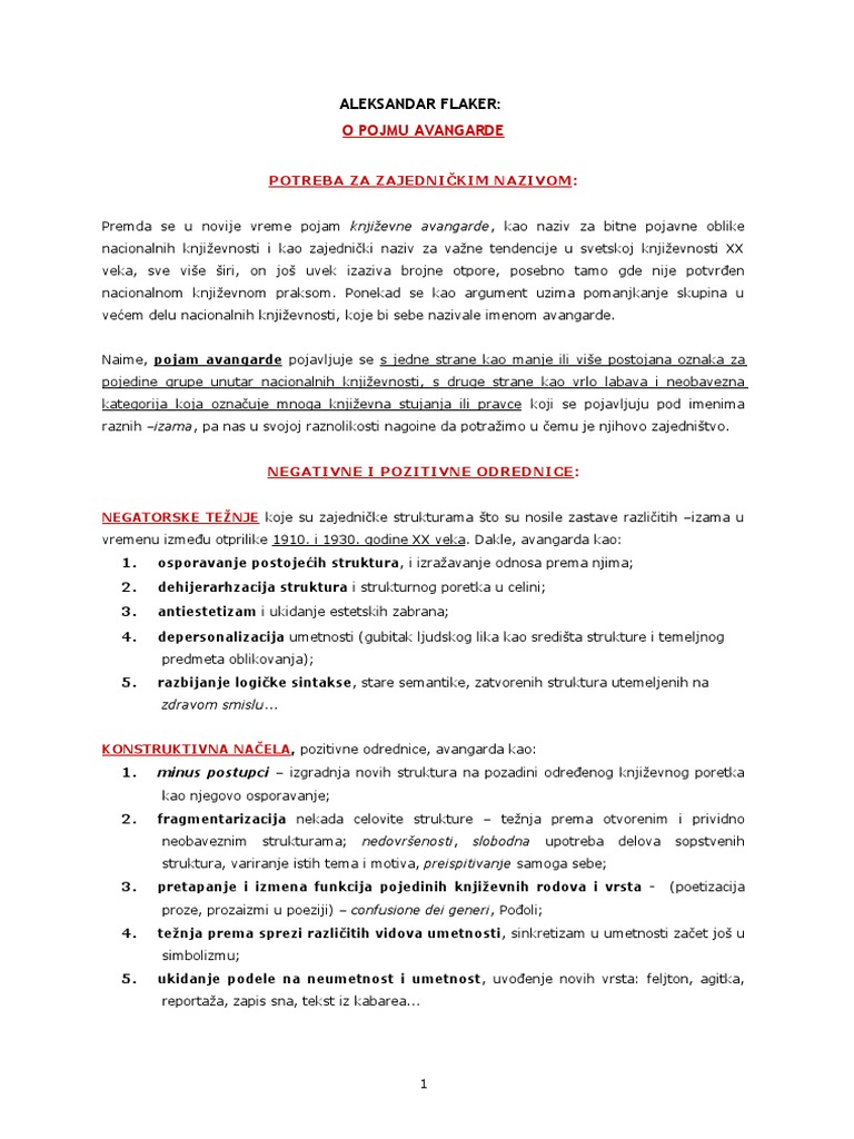 AVANGARDA (skriptaSVE) XX Vek - Filoloski Fakultet | PDF