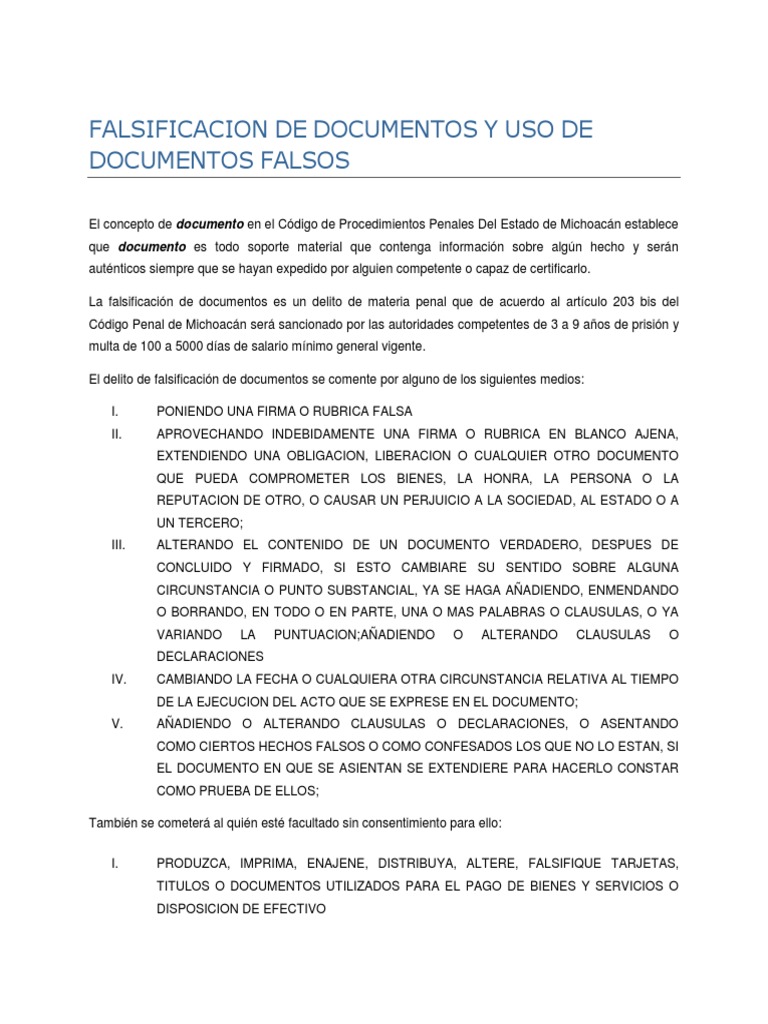 Falsificacion de Documentos y Uso de Documentos Falsos | PDF | Justicia ...