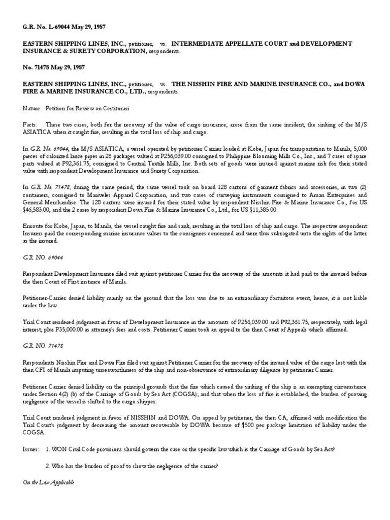 Eastern Shipping Vs IAC (Digest) | PDF | Common Carrier | Cargo