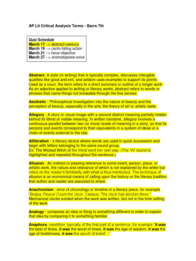 AP Lit Critical Analysis Terms Guide | PDF | Poetry | Rhyme