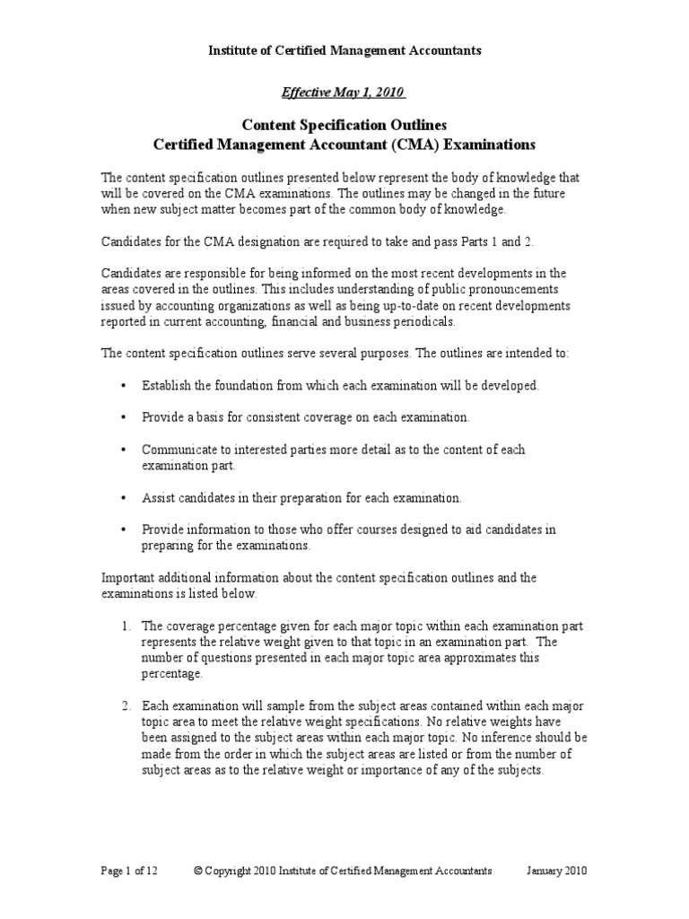 May 2010 CMA Content Specification Outline | PDF | Test (Assessment ...
