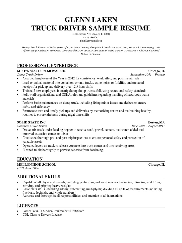 Glenn Laken Heavy Truck Driver Sample Resume | Download Free PDF ...