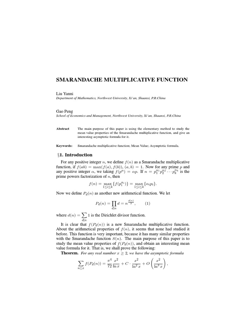 Smarandache Multiplicative Function | Download Free PDF | Function (Mathematics) | Analysis