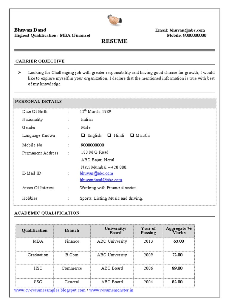 MBA Finance Resume Sample For Experience | Download Free PDF ...