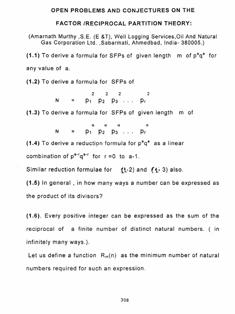 Open Problems and Conjectures On The Factor Ireciprocal Partition Theory | PDF | Summation ...