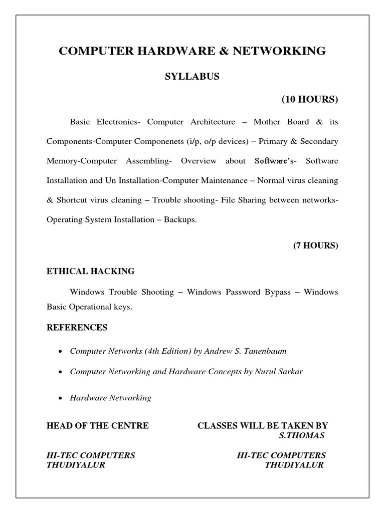 Computer Hardware & Networking Syllabus | PDF