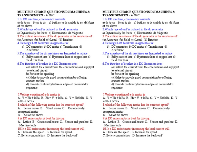 Multiple Choice Questions DCM A Sec | PDF | Electric Motor | Electrodynamics