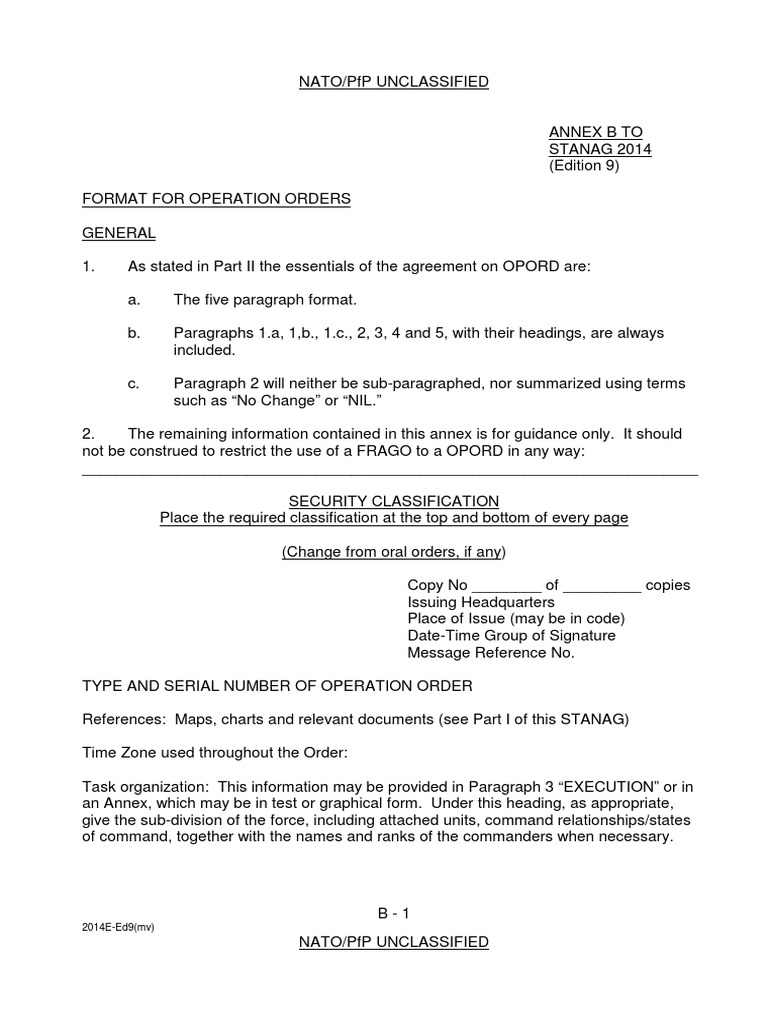 Formar for OPORDs - STANAG 2014- Annex B.pdf | Command And Control | Nato