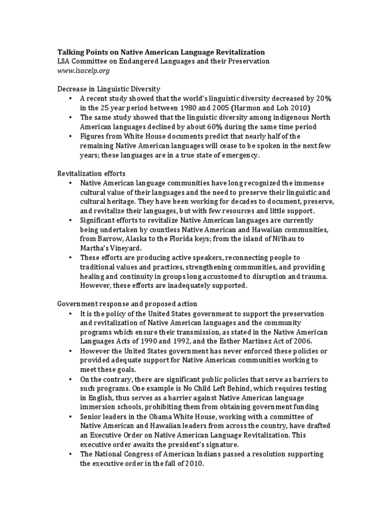 Talking Points On Native American Language Revitalization | PDF ...