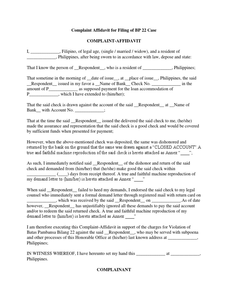 BP 22 Complaint Affidavit Guide | PDF | Cheque | Affidavit
