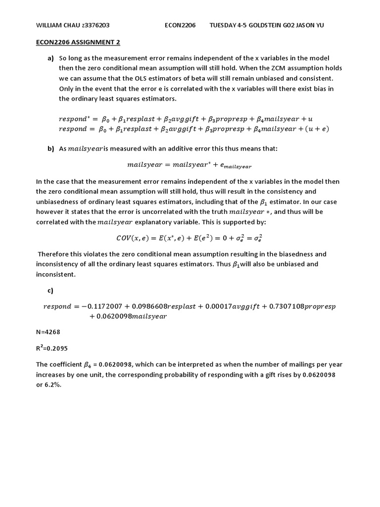 ECON2206 Assignment 2 William Chau z3376203 | PDF | Ordinary Least Squares | Bias Of An Estimator