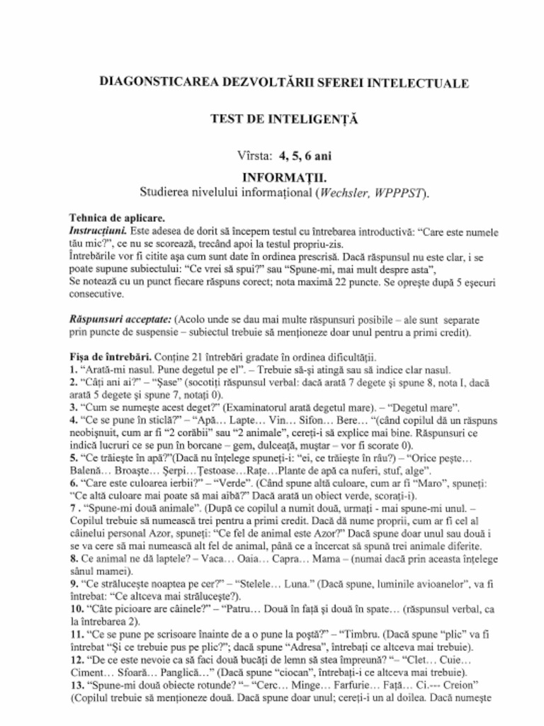 Teste de Inteligenta Pentru Copii | PDF