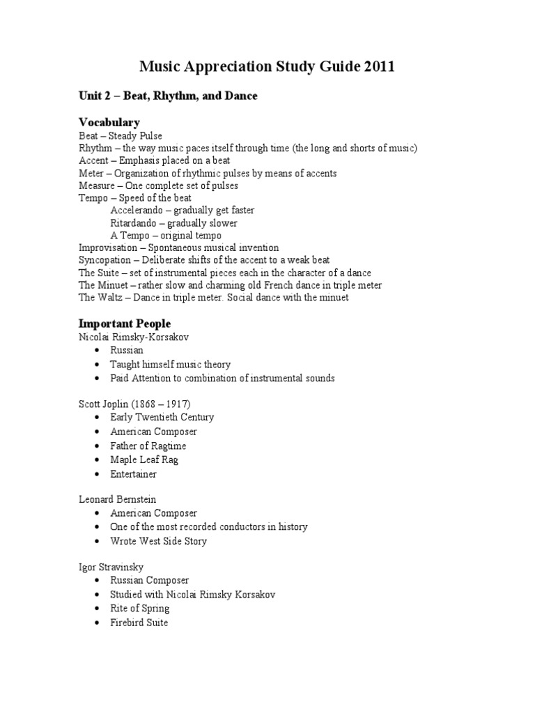 Music Appreciation Final Exam Study Guide 10 | PDF | Tempo | Rhythm