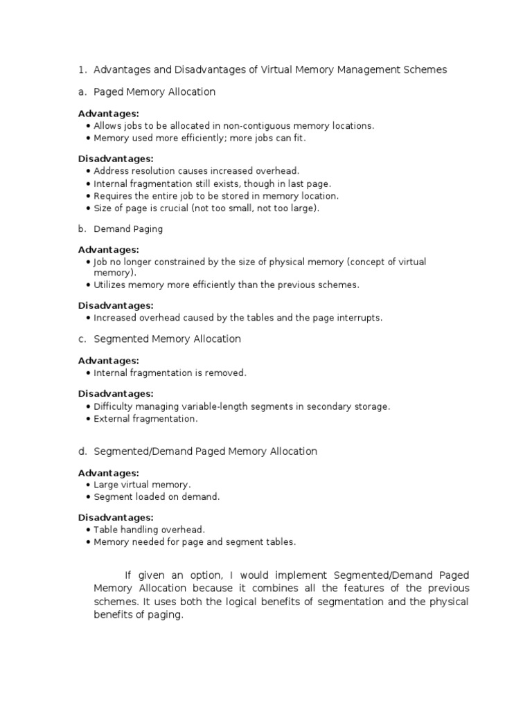 Advantages and Disadvantages of Virtual Memory Management Schemes | PDF ...