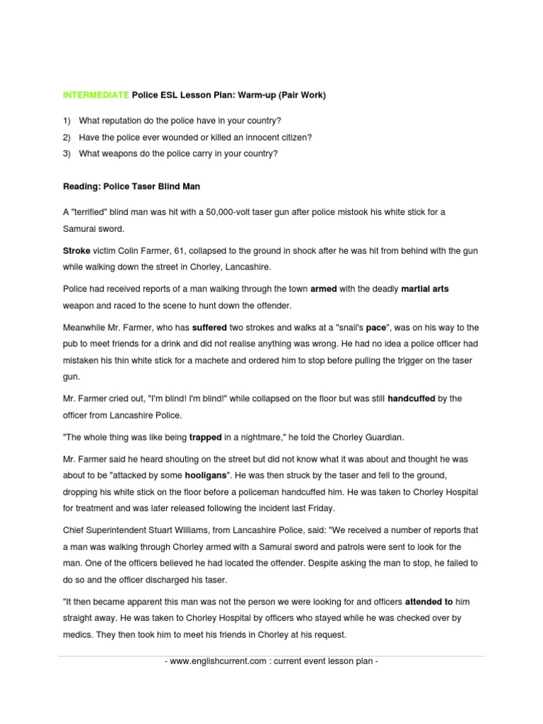 Intermediate: Police ESL Lesson Plan: Warm-Up (Pair Work) | PDF | Law ...