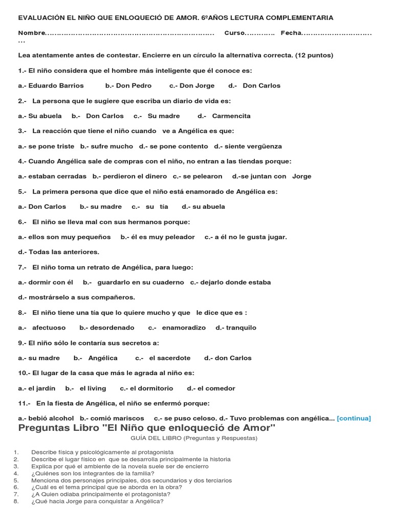 Evaluación "El Niño que Enloqueció de Amor" | PDF | Pelo | Amor