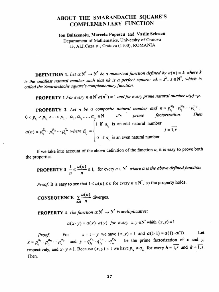 About The Smarandache Squares Complementary Function | PDF | Prime Number | Mathematical Objects