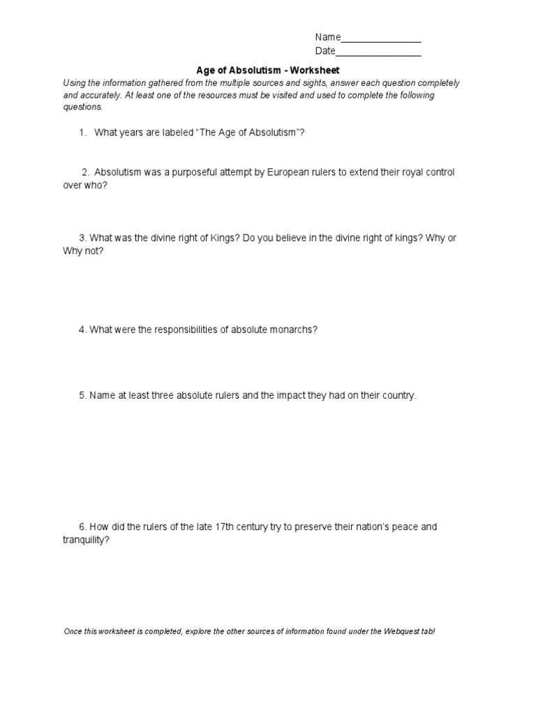 Age of Absolutism - Worksheet | PDF | Absolute Monarchy | Monarch