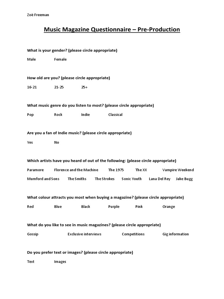Music Magazine Audience Survey Template | PDF | Social Science | Art
