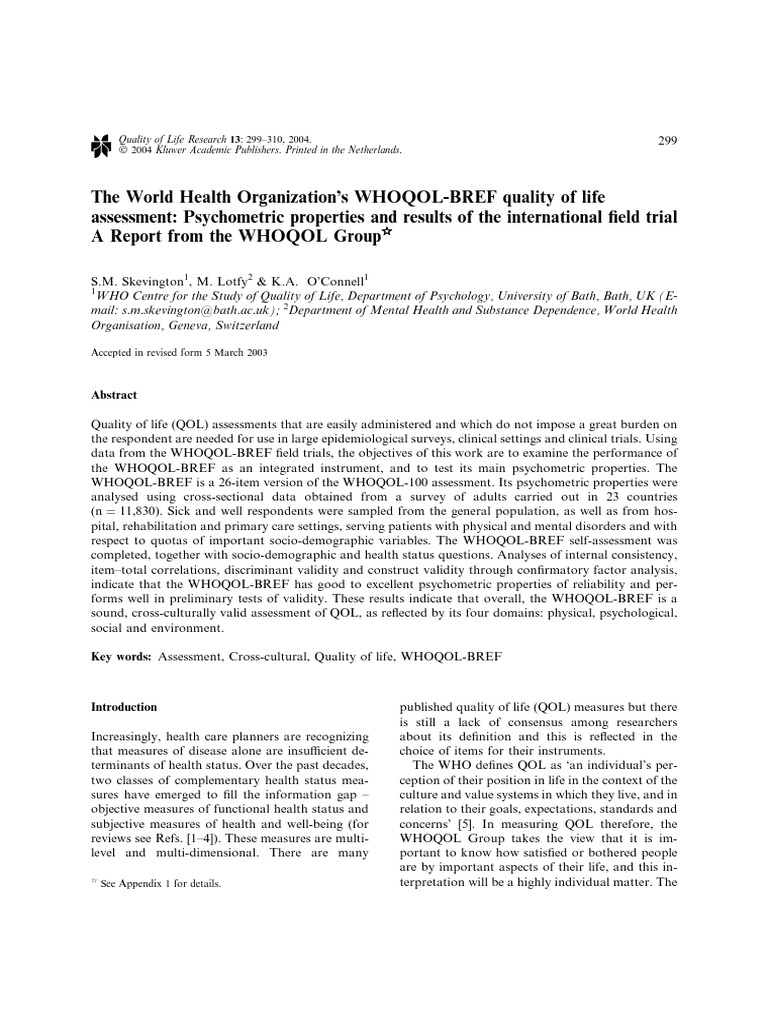 The World Health Organization's WHOQOL-BREF Quality of Life | PDF ...