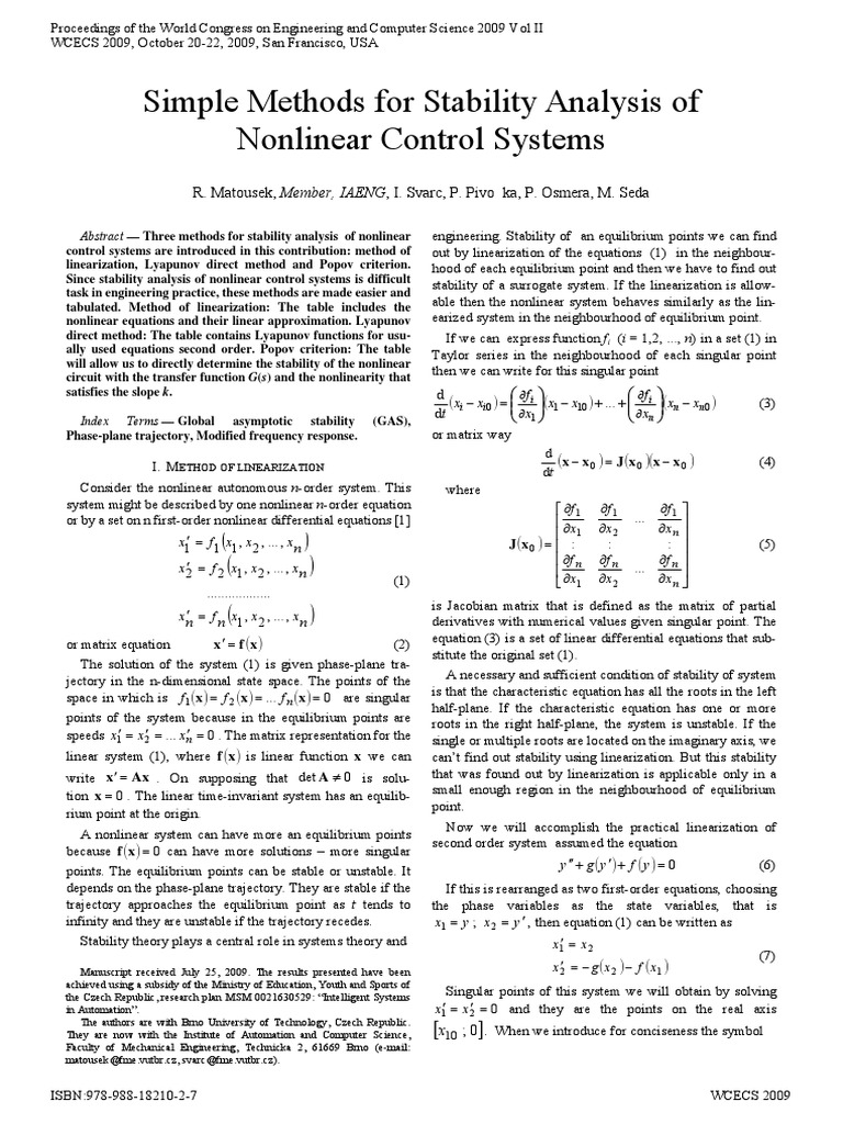 Simple Methods For Stability Analysis of Nonlinear Control Systems | PDF | Stability Theory ...