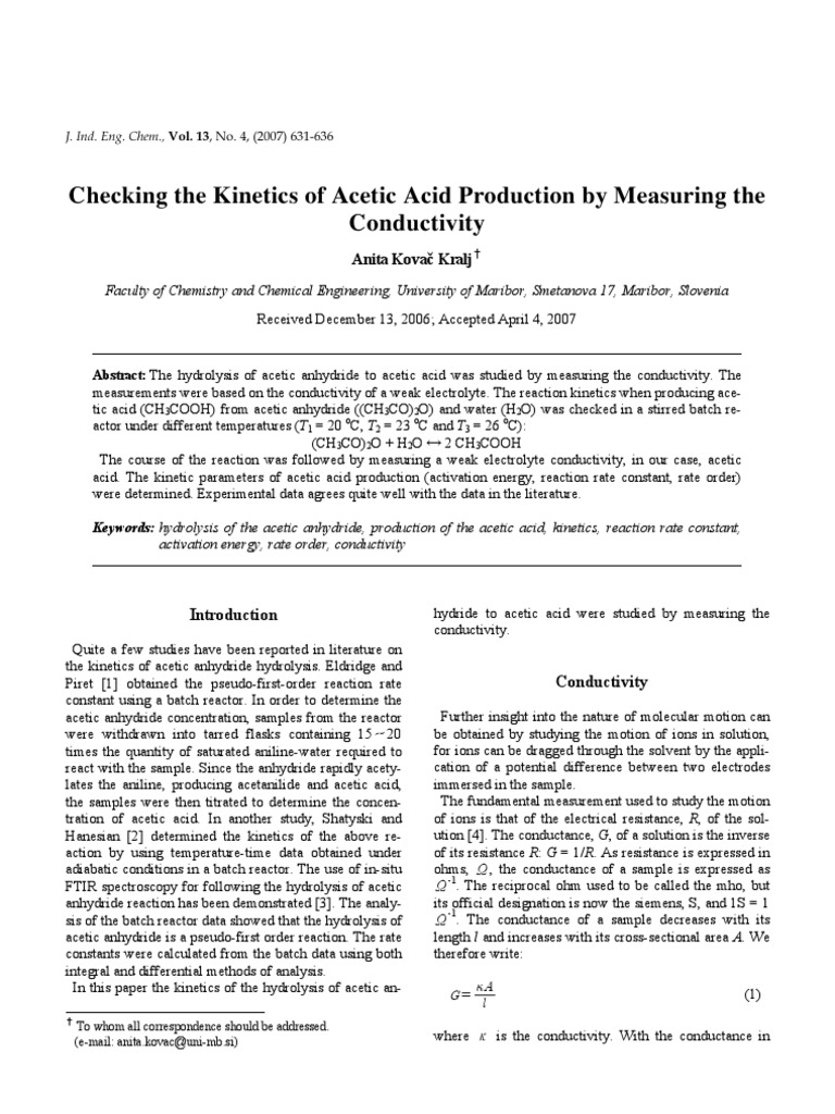 Checking The Kinetics of Acetic Acid Production by Measuring The ...