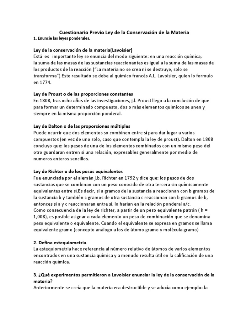 Cuestionario Previo Ley de La Conservación de La | PDF | Estequiometría | Química