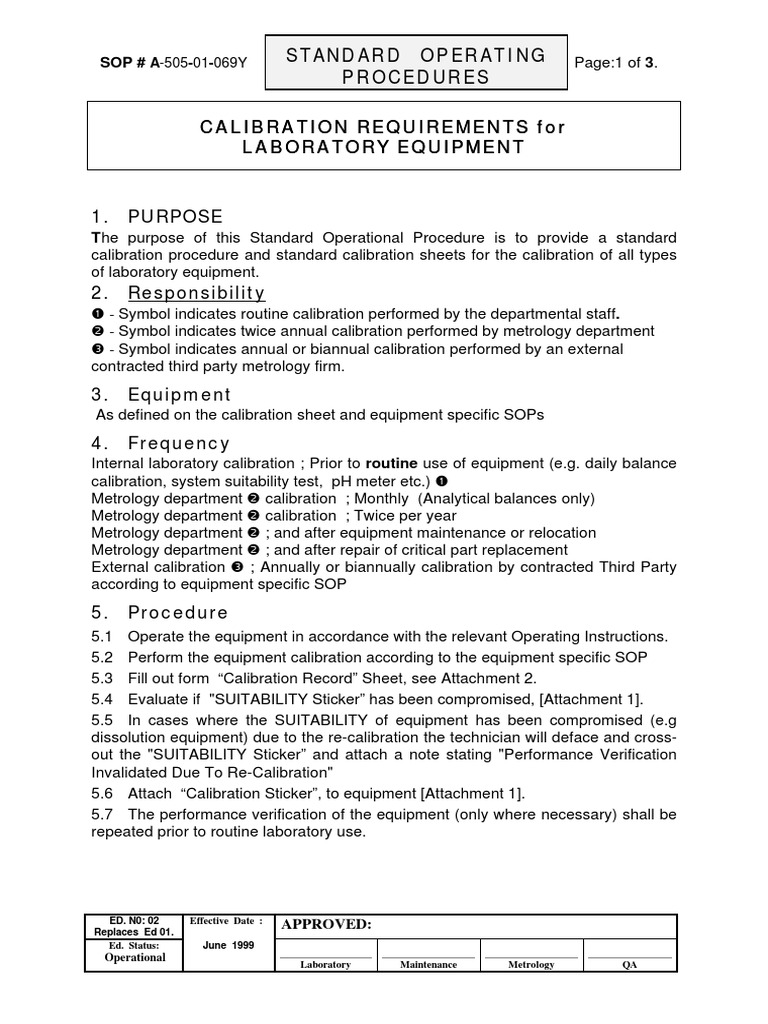 Laboratory Equipment Calibration SOP | PDF | Calibration | Metrology