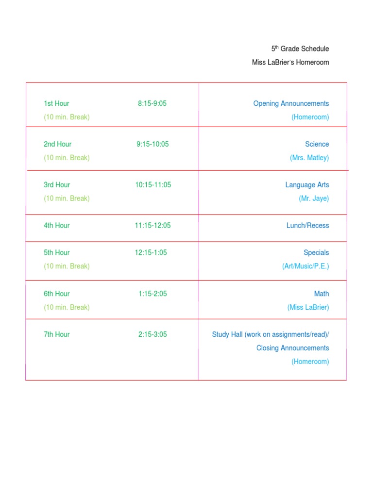 5th Grade Daily Class Schedule | PDF | Language Arts & Discipline ...