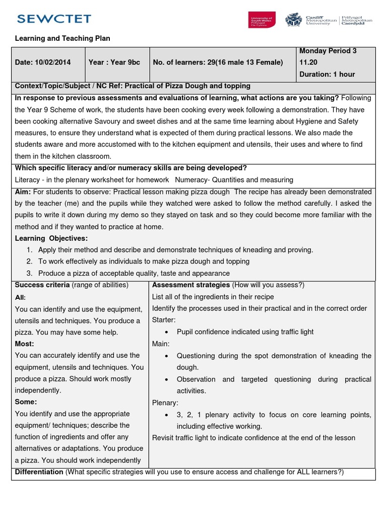 Pizza Dough Pract Learning Plan Sewctet PIZZA DOUGH Pract Year 9bc ...