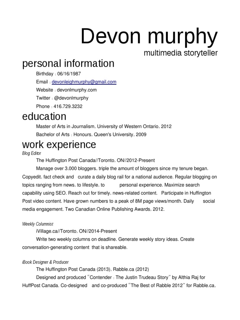 Devon Murphy's CV | PDF | Mass Media
