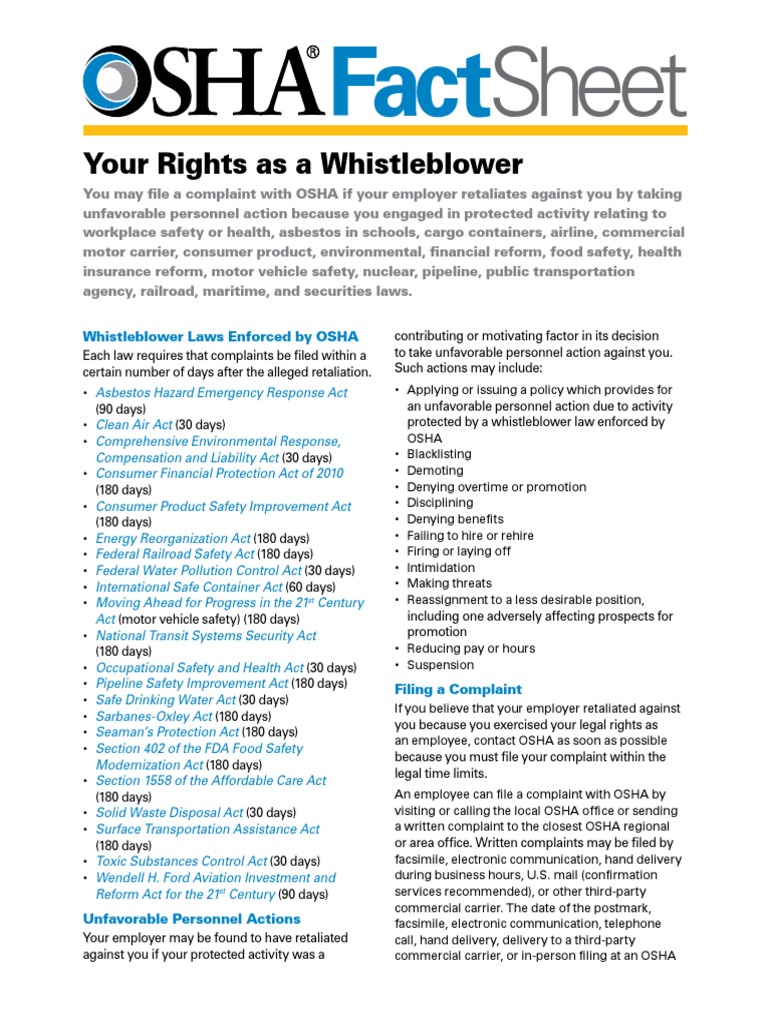Sheet: Your Rights As A Whistleblower | PDF | Occupational Safety And ...