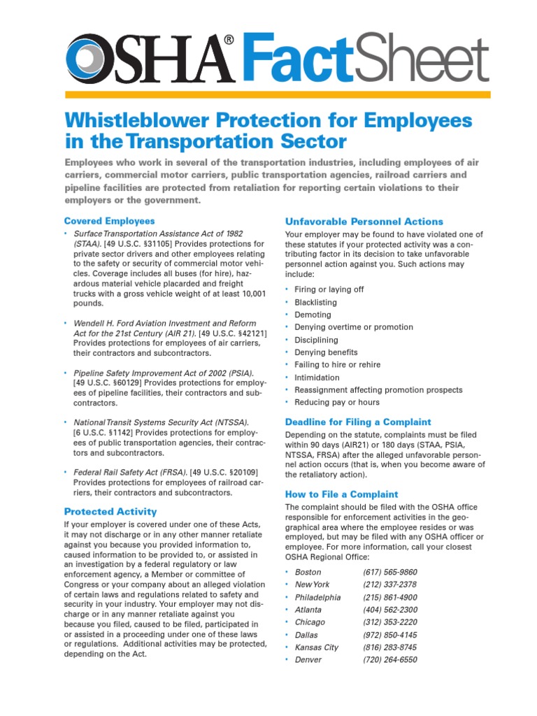 OSHA Factsheet Whistleblower Trans Sector | PDF | Occupational Safety ...