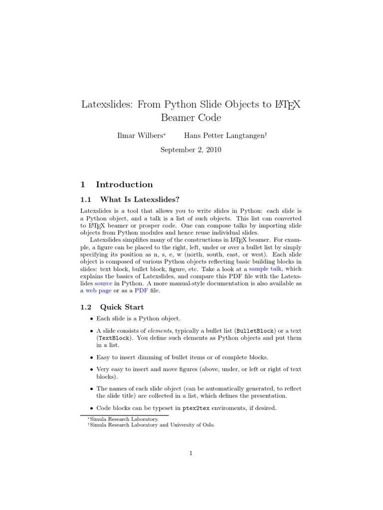 Latexslides: From Python Slide Objects To L TEX Beamer Code: Sample Talk Source Web Page PDF ...
