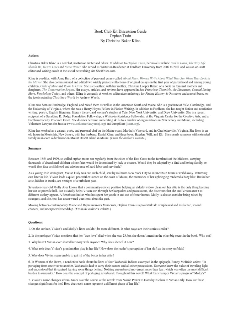 Book Club Kit Discussion Guide Orphan Train by Christina Baker Kline | PDF