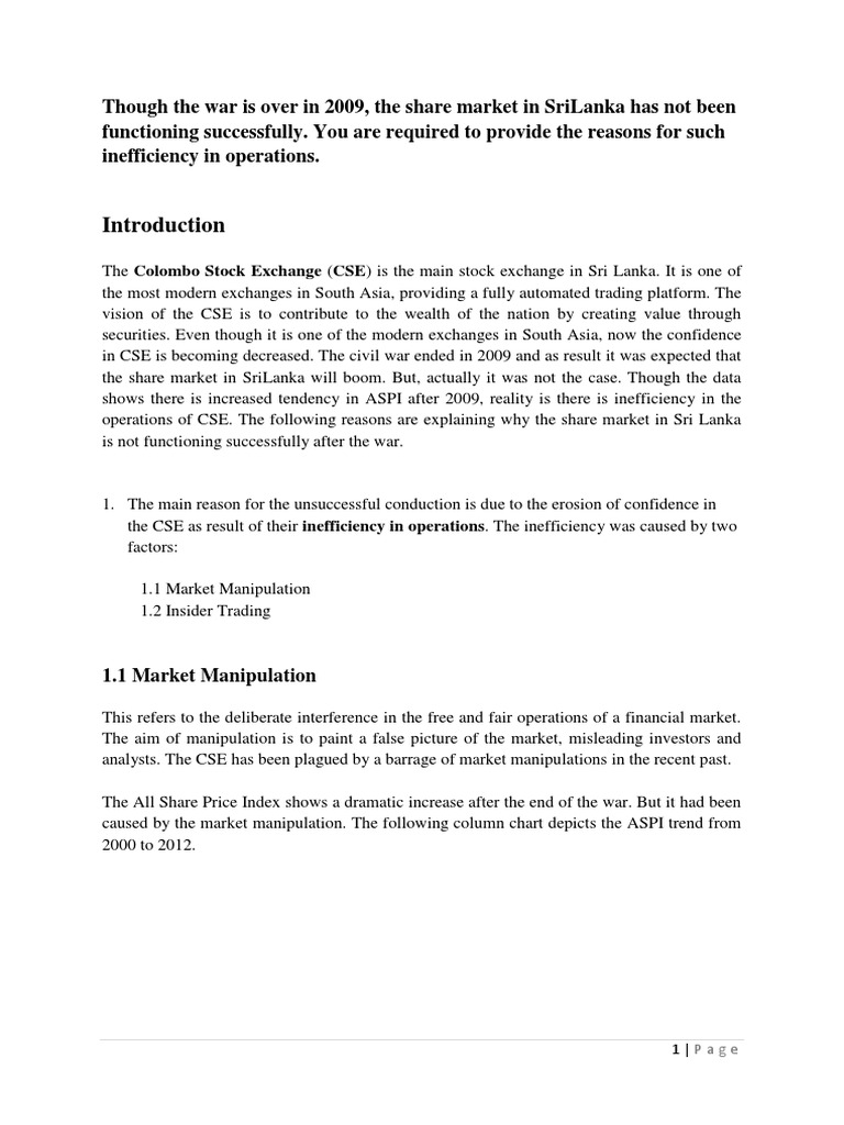 Report - Inefficiency in Operations of CSE, Sri Lanka | PDF | Financial ...
