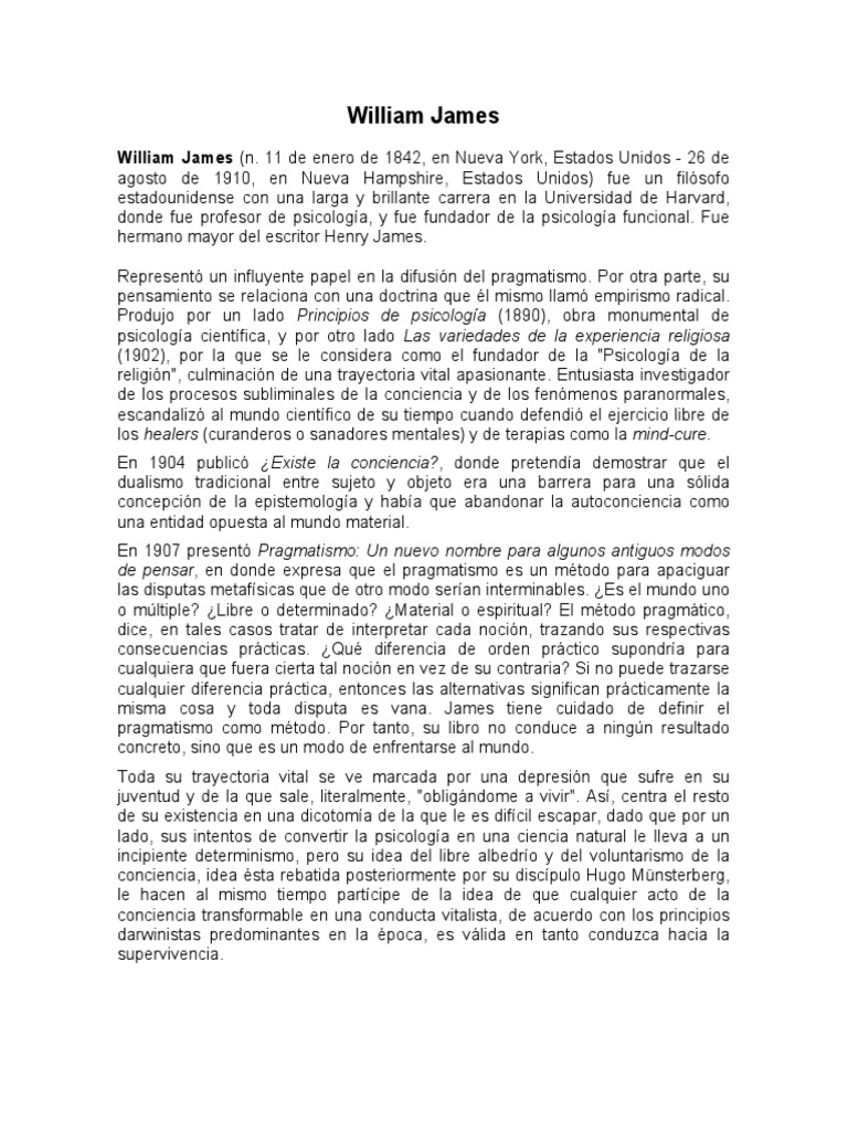 William James, pionero de la psicología funcional y fundador del pragmatismo | PDF | William ...