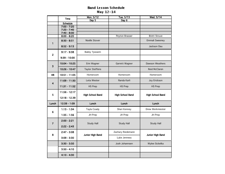 Band Lesson Schedule: May 12-14 | PDF