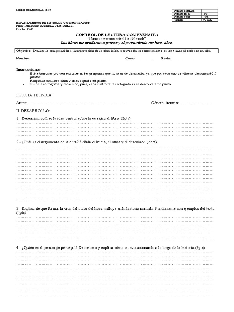 Control de Lectura: "Nunca seremos estrellas del rock" | PDF