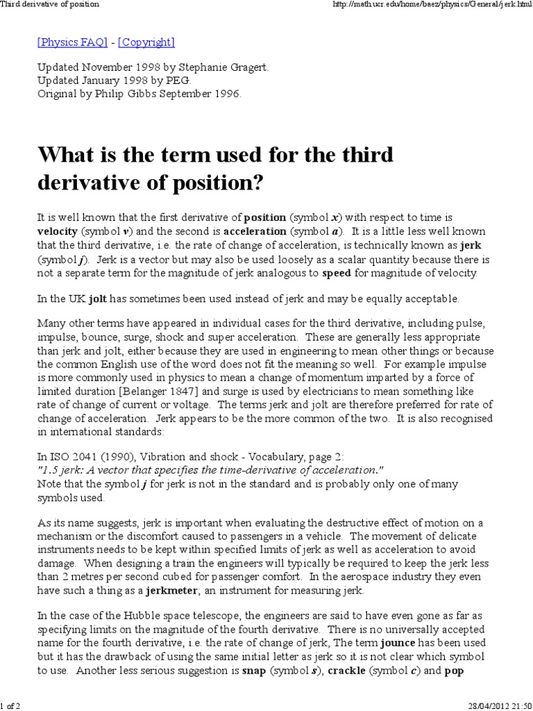 JERK Third Derivative of Position | Derivative | Acceleration