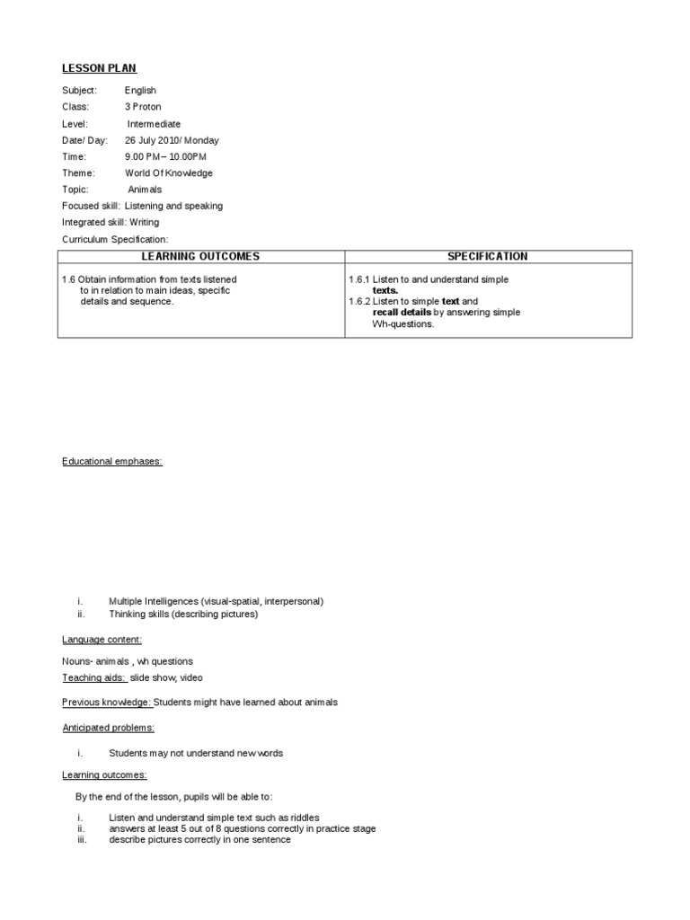 Lesson Plan: Texts. Recall Details by Answering Simple | PDF | Lesson ...