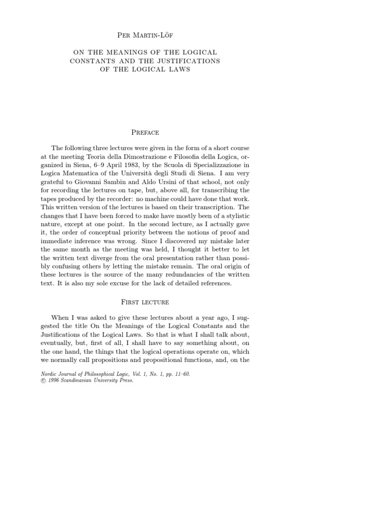Martin-Löf - Logical Constants and Justification Logical Laws | PDF