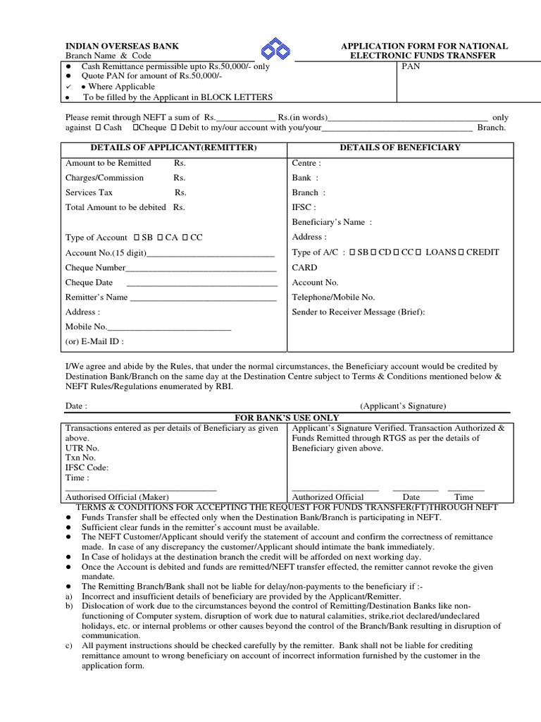 Iob Neft Form | PDF | Cheque | Banking