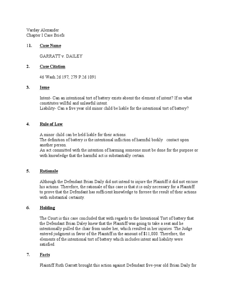 Garratt v. Dailey Case Summary | PDF | Lawsuit | Legal Concepts