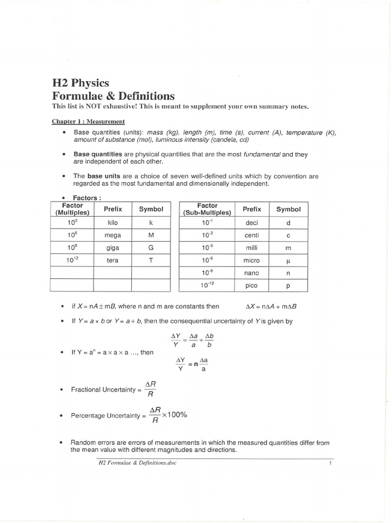 H2 Physics Formulae Definition | PDF