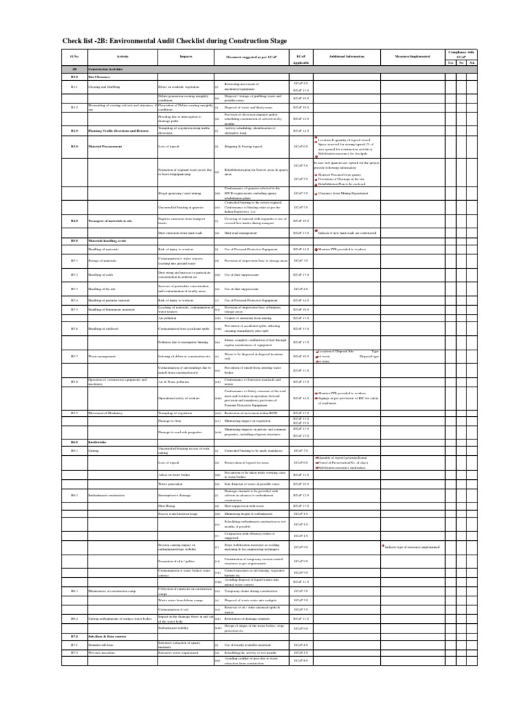 Check List - 2B: Environmental Audit Checklist During Construction ...