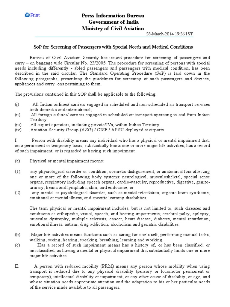 BCAS SoP For Screening of Passengers With Special Needs and Medical ...