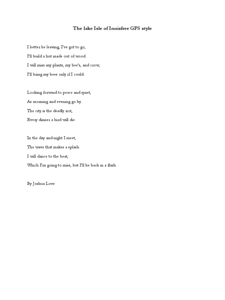 Joshua Loves Innisfree Poem | PDF